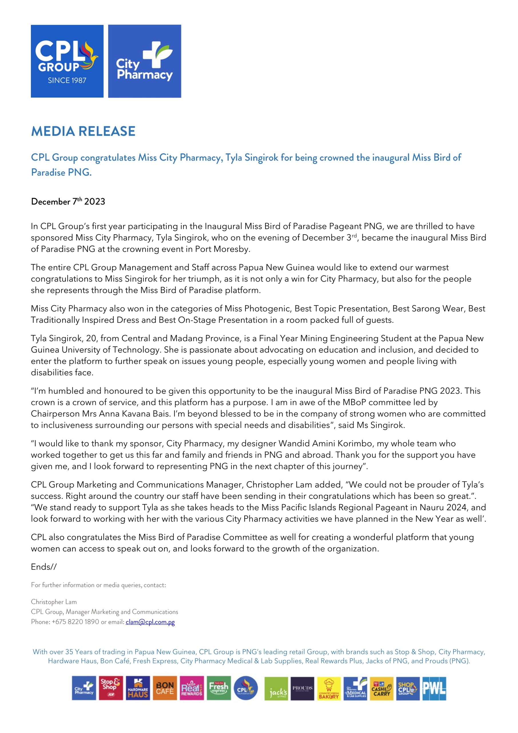 CPL Group congratulates Miss City Pharmacy, Tyla Singirok for being ...